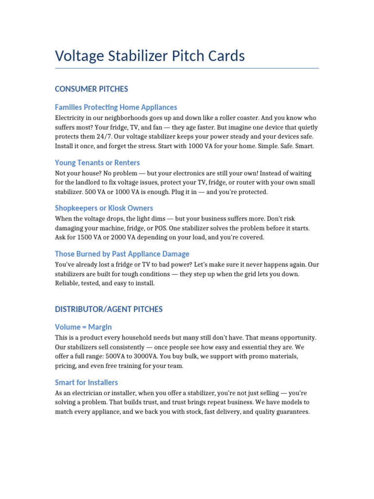 Voltage Stabilizer Pitch Cards | PDF