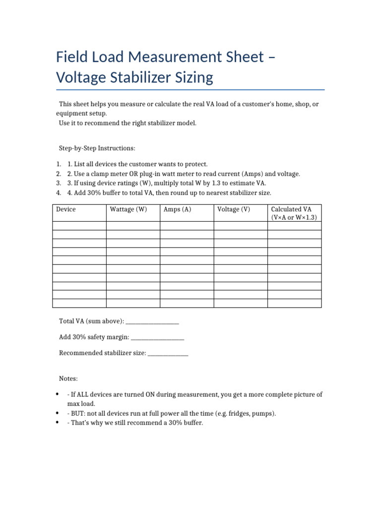Field Load Measurement Sheet Stabilizer | PDF