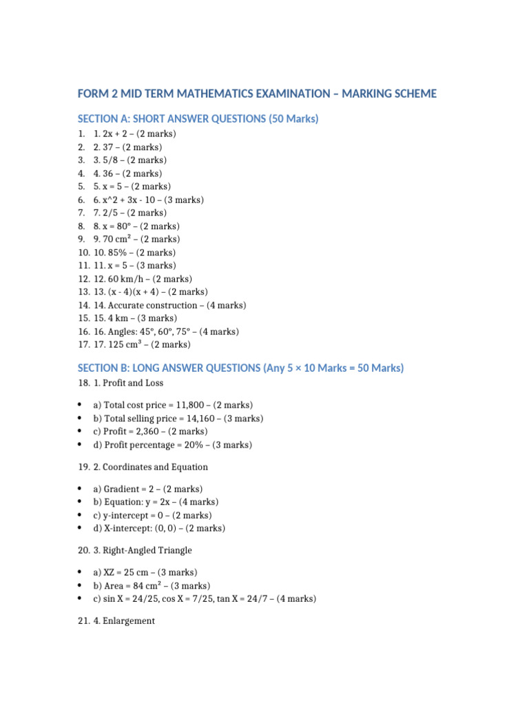 Form2 MidTerm Math MarkingScheme Sample2 | PDF