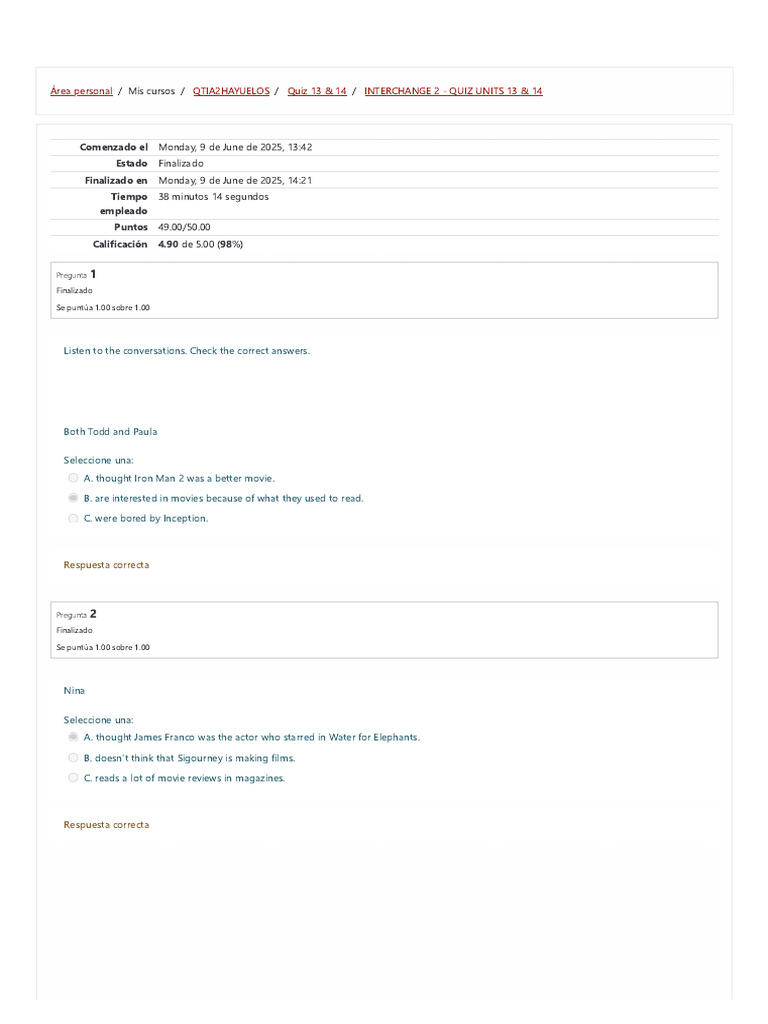 INTERCHANGE 2 - QUIZ UNITS 13 & 14 - Revisión Del Intento | PDF