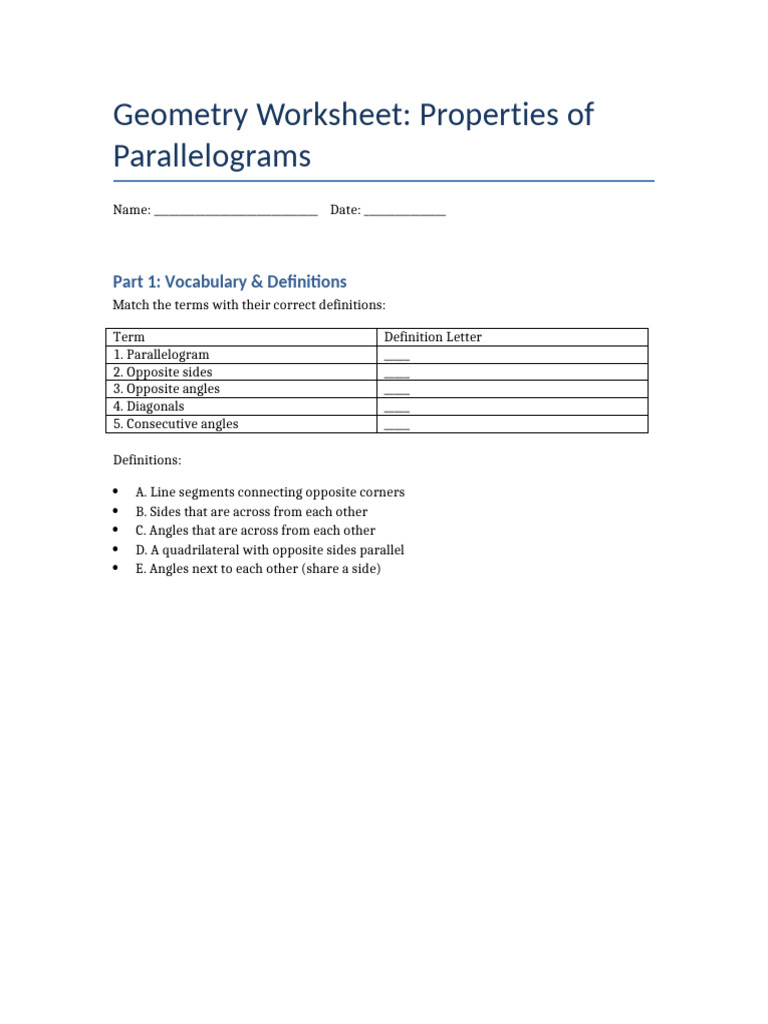 Properties of Parallelograms Worksheet | PDF