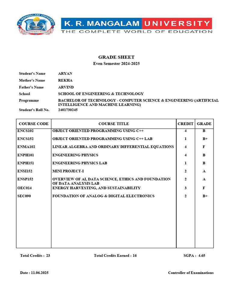 B.Tech Grade Sheet - AI & ML 2025 | PDF