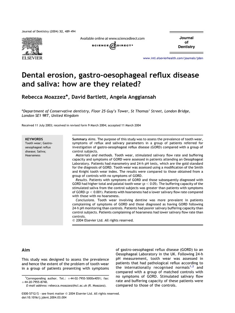 Dental Erosion, Gastro-Oesophageal Reflux Disease and Saliva How Are ...