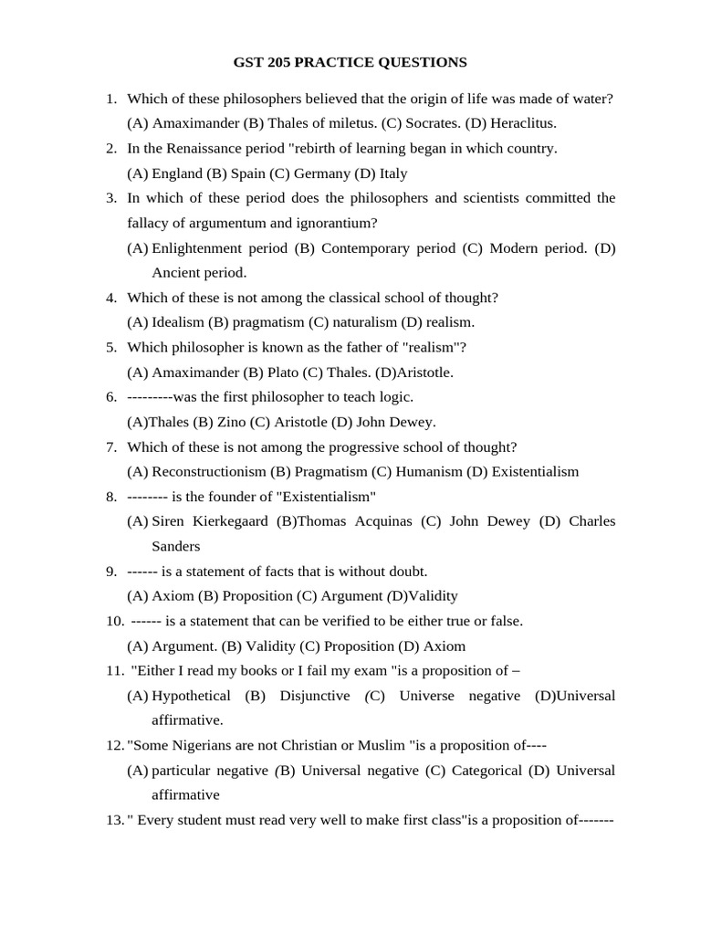 GST 205 Practice Questions | PDF | Logic | Reason