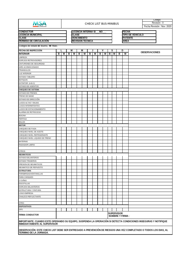 Check List de Seguridad para Minibuses | PDF | Neumático | Tecnología ...