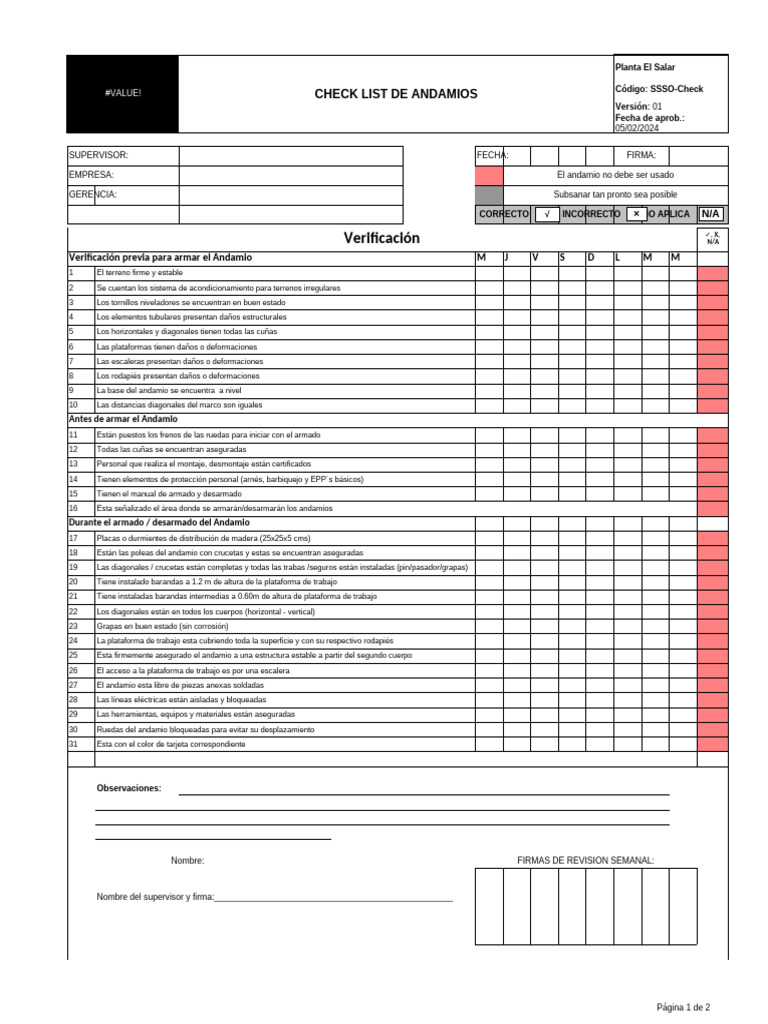 Checklist de Seguridad para Andamios | PDF | Andamio