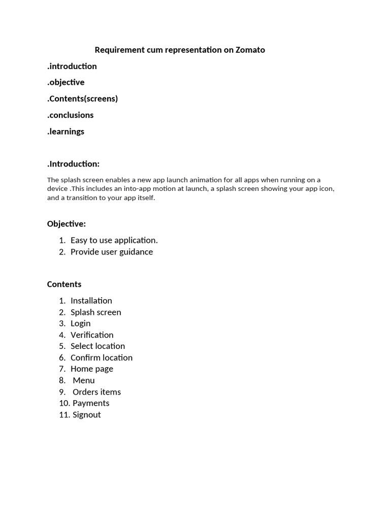 Requirement Cum Representation On Zomato .Objective .Contents (Screens ...