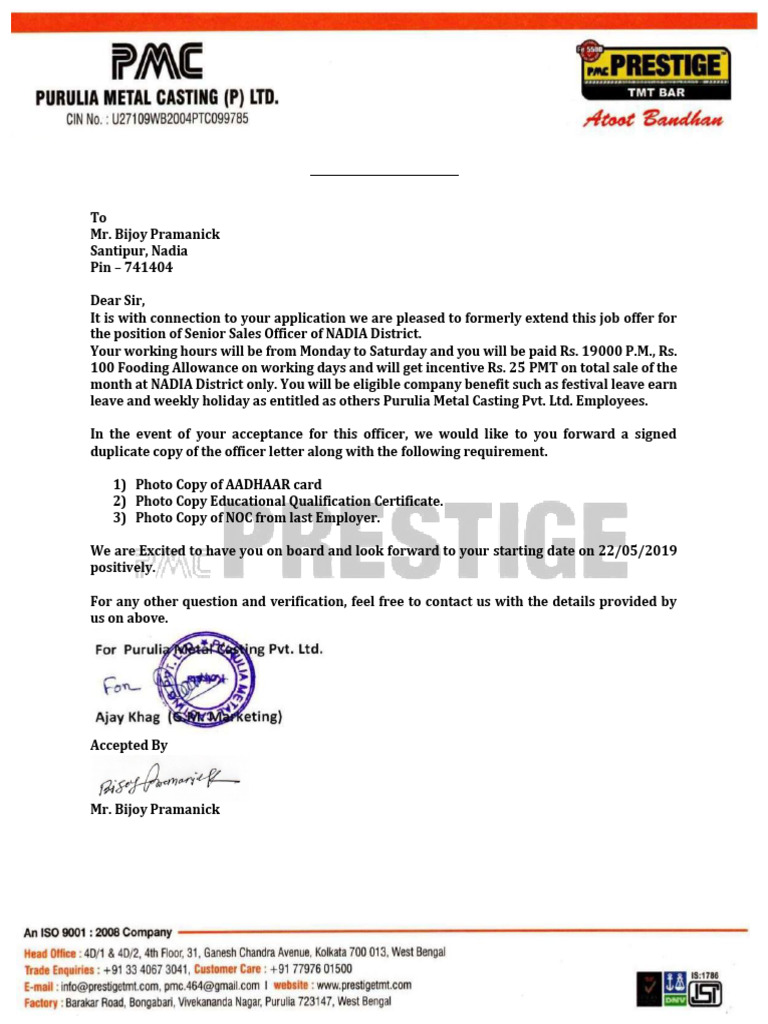 PMC Prestigejob Offer Letter | PDF