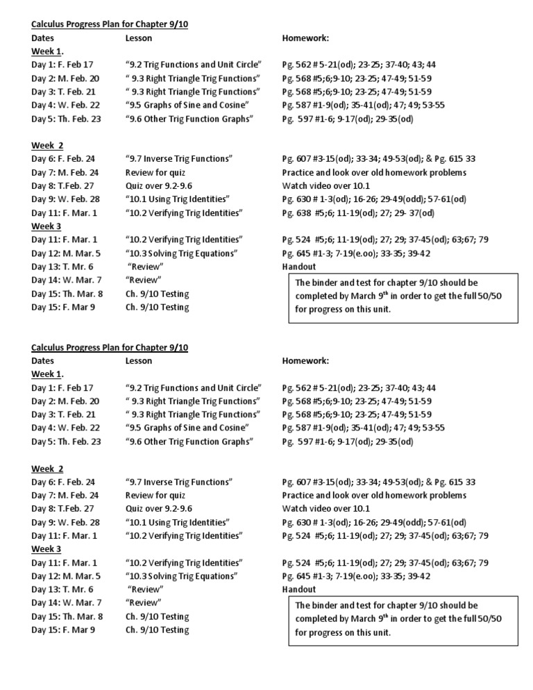 Calculus Progress Plan For Chapter 9/10 Dates Lesson Homework: Week 1 ...