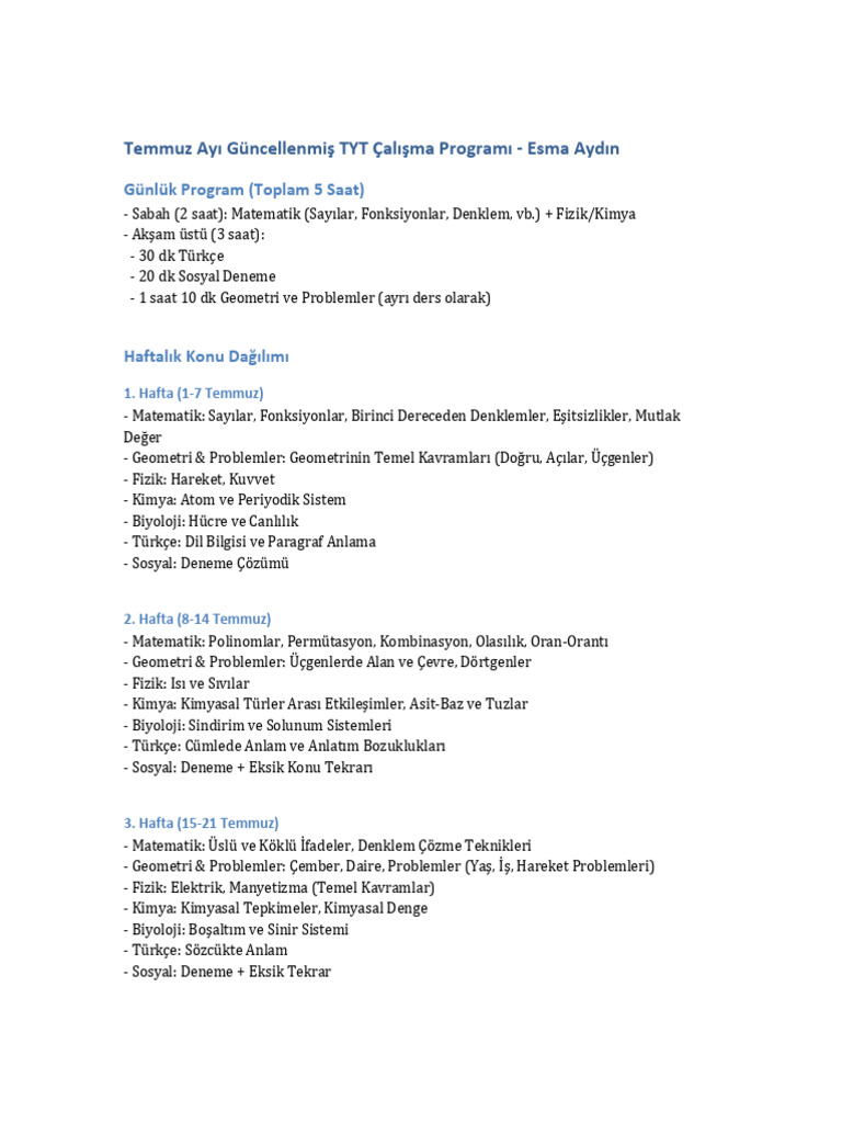 Temmuz TYT Calisma Programi EsmaAydin | PDF