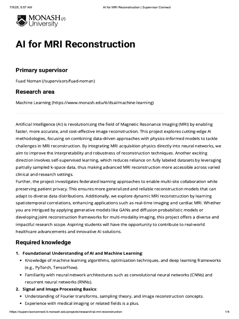 AI For MRI Reconstruction - Supervisor Connect | PDF | Artificial ...