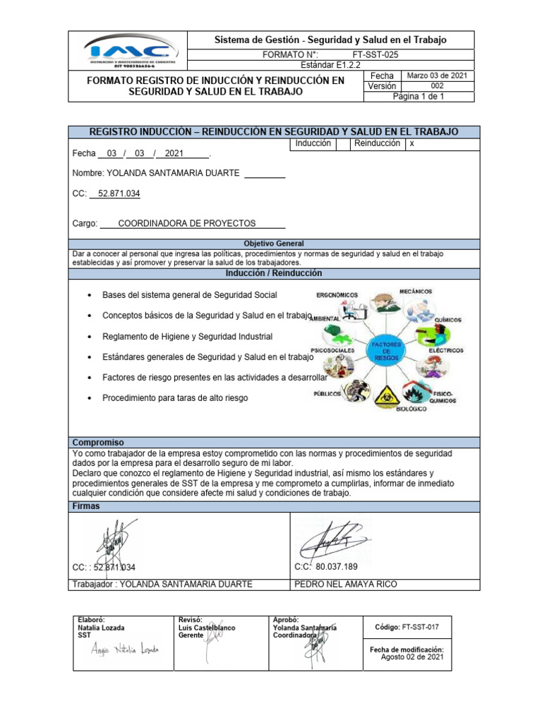 FT-SST-025 Formato de Inducción y Reinducción en SST | PDF