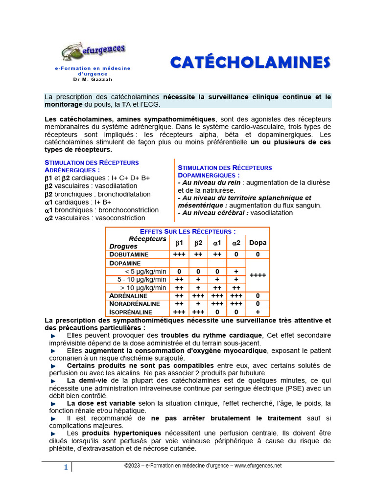 Utilisation des Catécholamines en Urgences | PDF | Médecine clinique ...