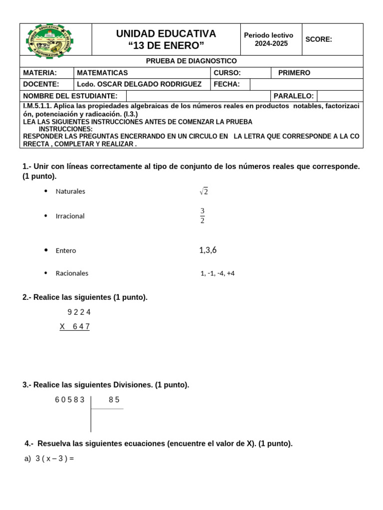 Prueba de Diagnostico de Matematicas Primero | PDF | Ecuaciones ...