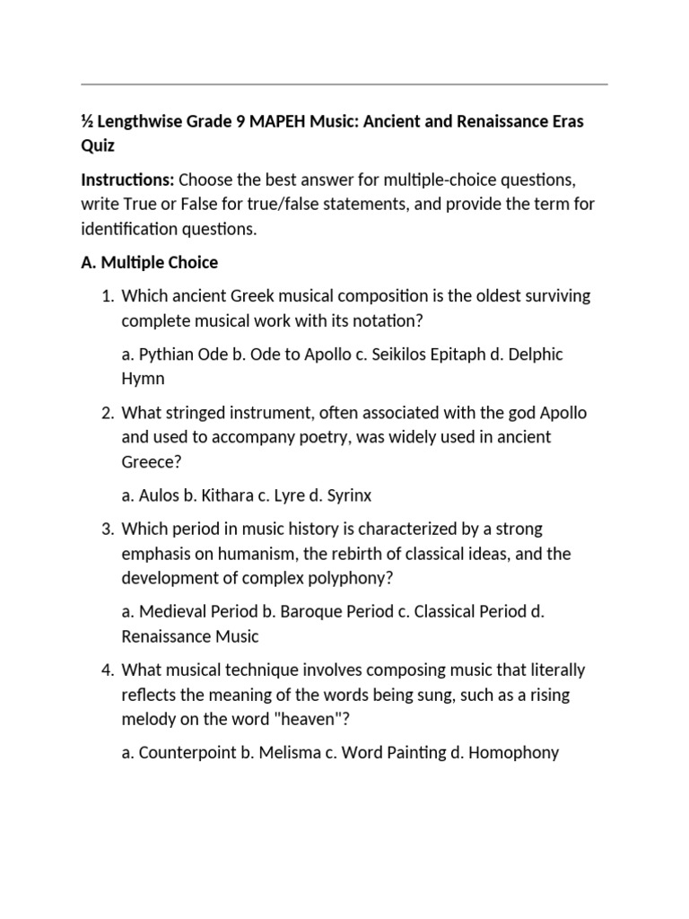 Grade 9 MAPEH Music Quiz: Ancient to Renaissance | PDF | Choir ...
