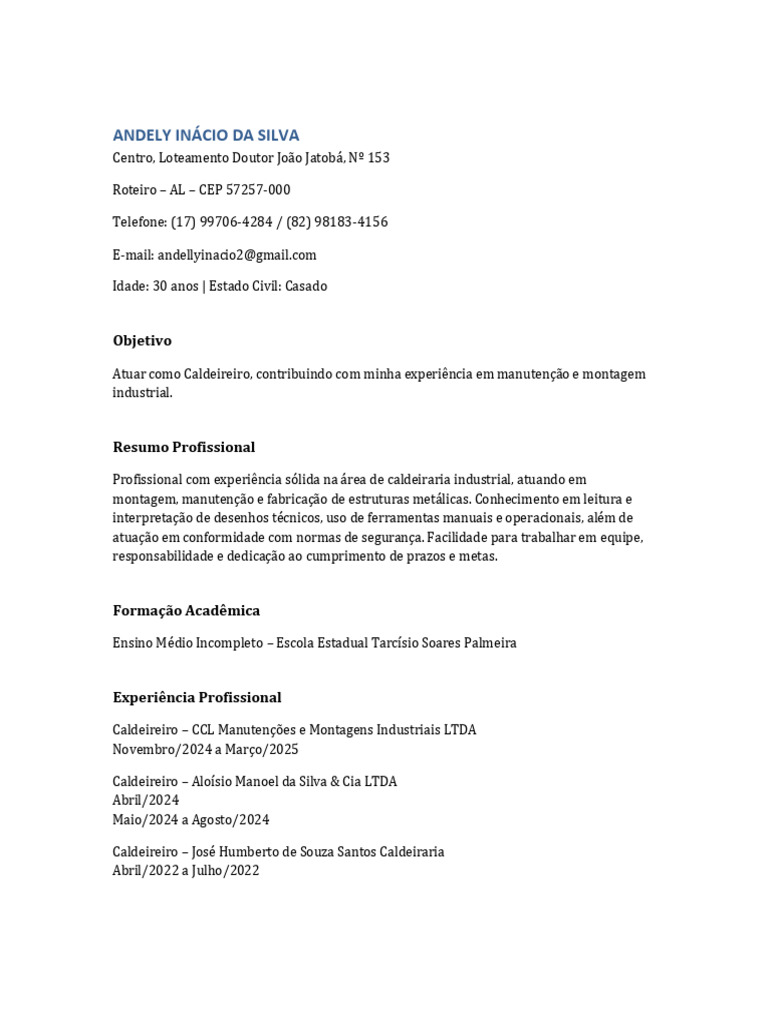 Currículo de Caldeireiro | PDF