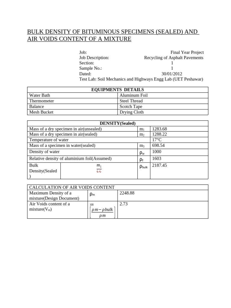 Bulk Density of Bituminous Specimens | PDF | Density | Soil Mechanics