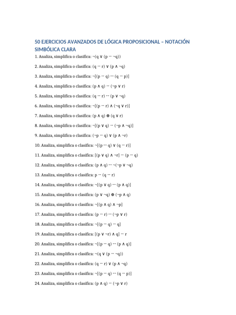50 Ejercicios Logica Proposicional Notacion Simbolica | PDF | Lógica ...