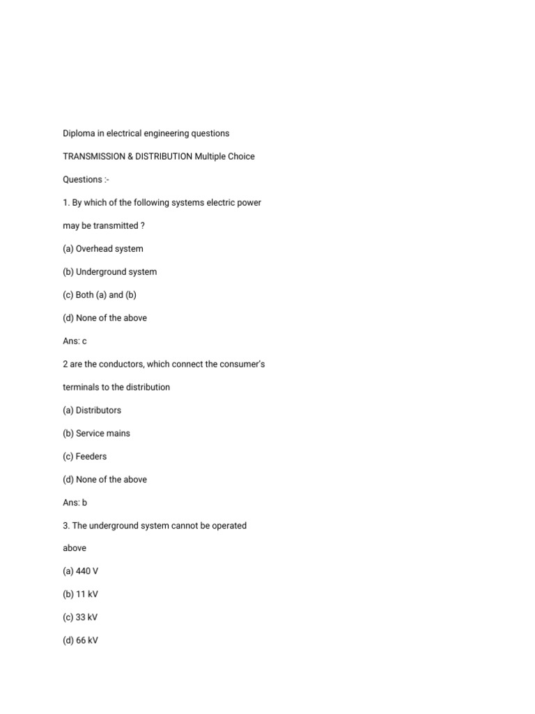 Diploma in Electrical Engineering QuestionsTRANSMISSION & DISTRIBUTION ...