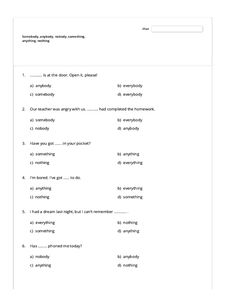 Somebody, Anybody, Nobody, Something, Anything, Nothing Quizizz | PDF ...