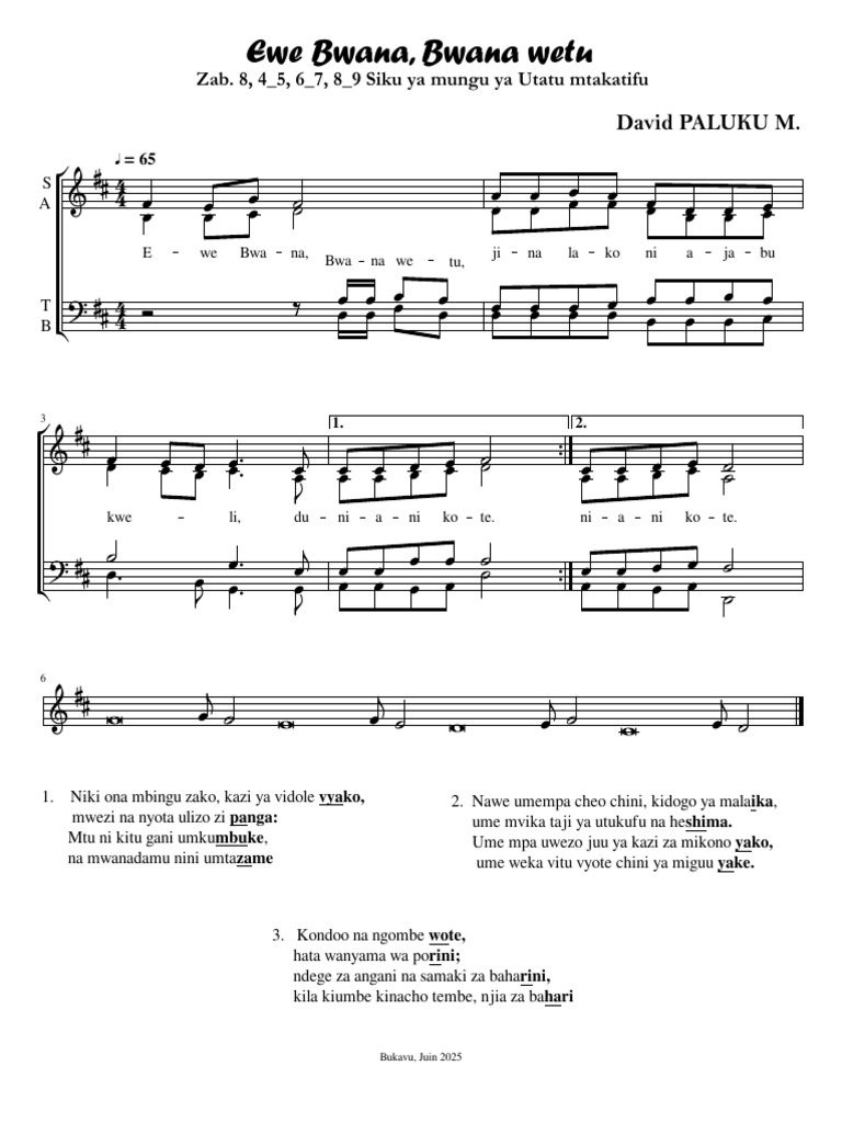 Ewe Bwana, Bwana Wetu, Zab. 8, Siku Ya Mungu Ya Utatu Mtakatifu | PDF