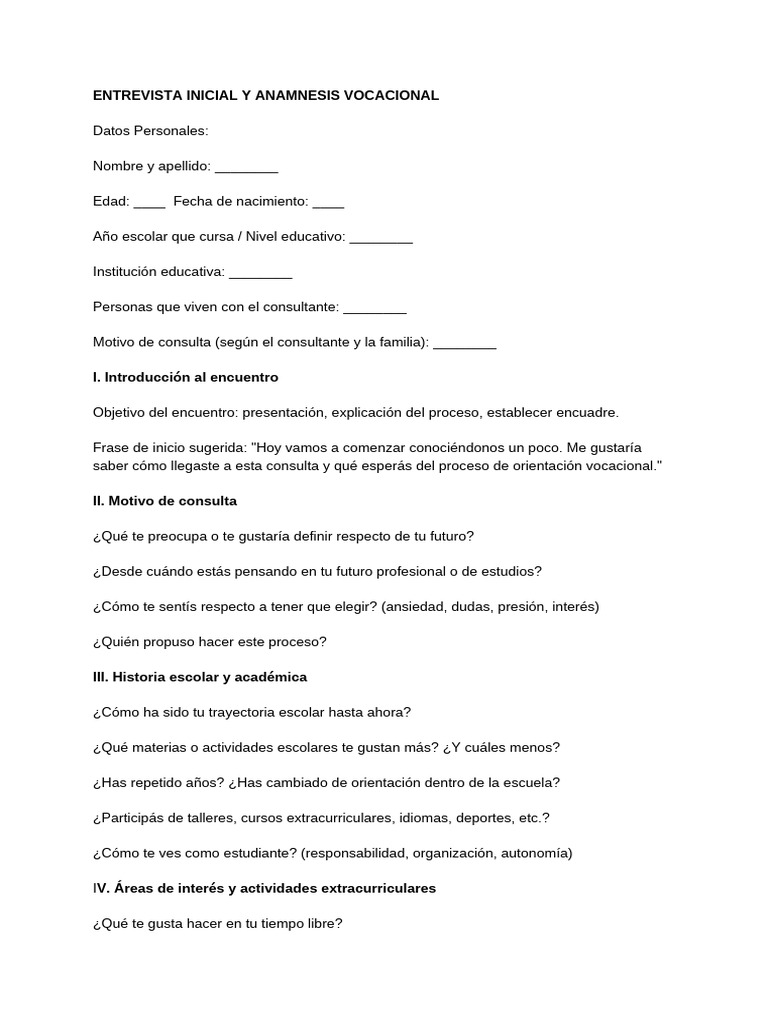 Entrevista Inicial y Anamnesis Vocacional | PDF | Escuelas