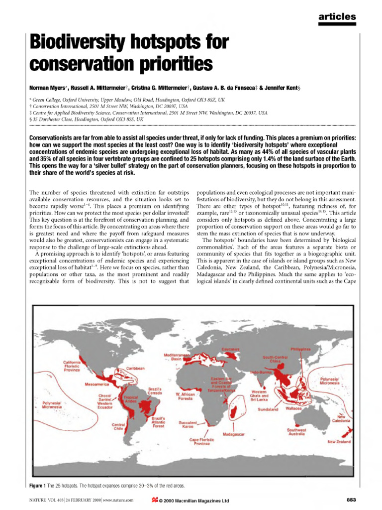 Biodiversity Hotspots For Conservation Priorities. Nature | PDF ...