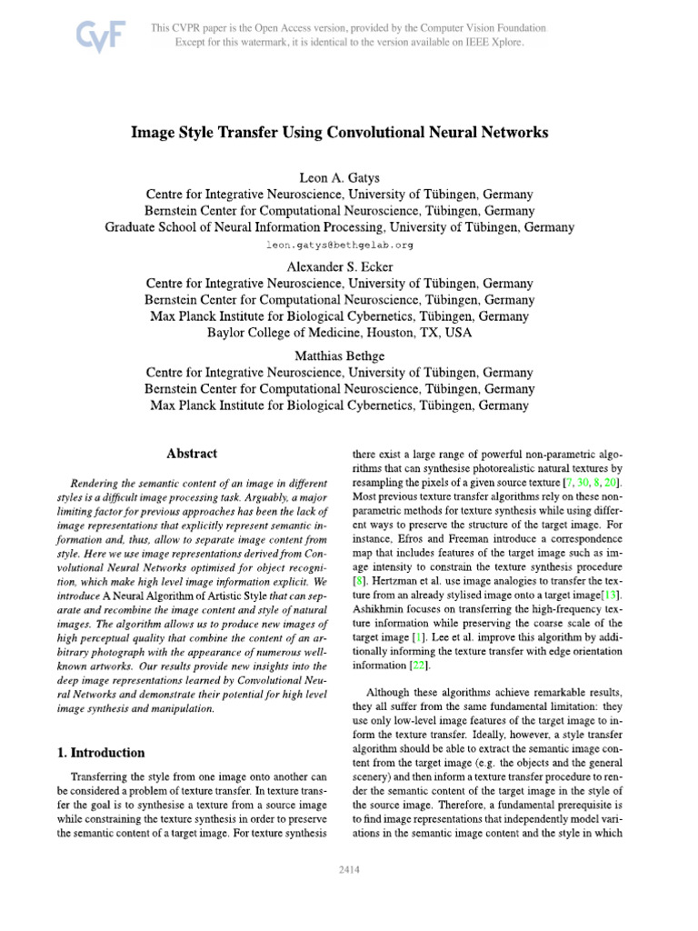 Gatys - Image Style TransferUsing Convolutional Neural Networks | PDF