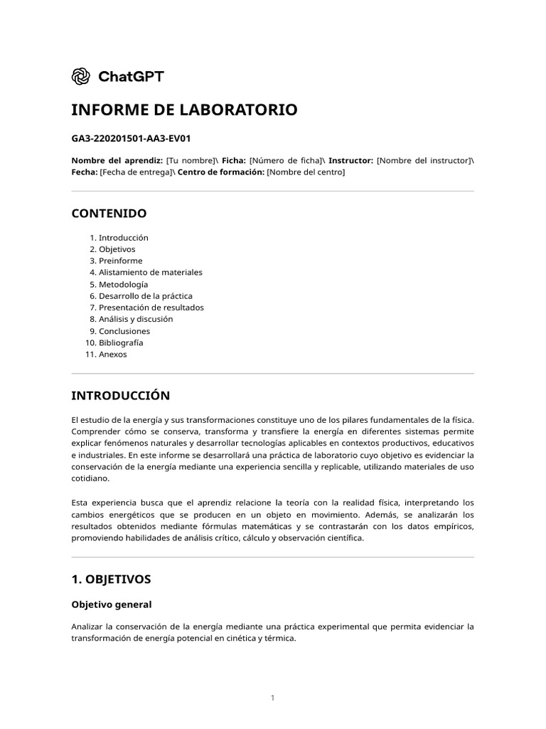 Informe Laboratorio Energia | PDF | Física | Energía cinética