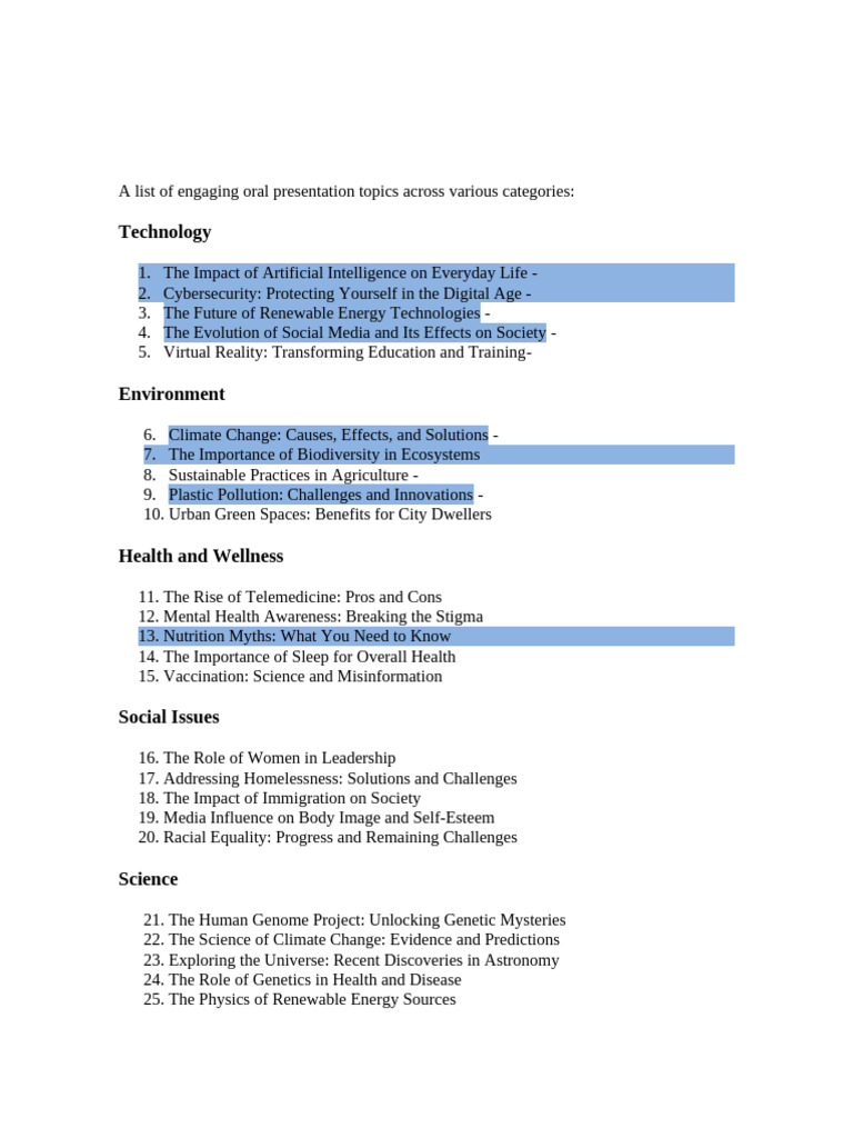 Oral Presentation Topics Across Various Categories | PDF