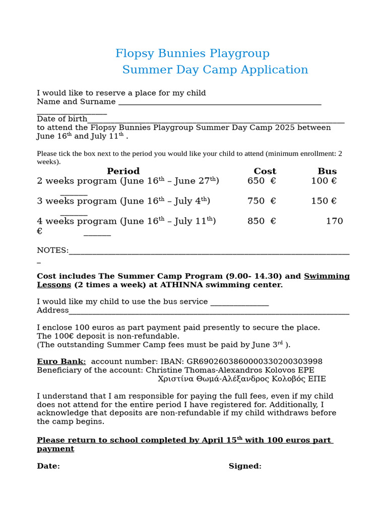 New Summer Camp Application Form 2025 | PDF