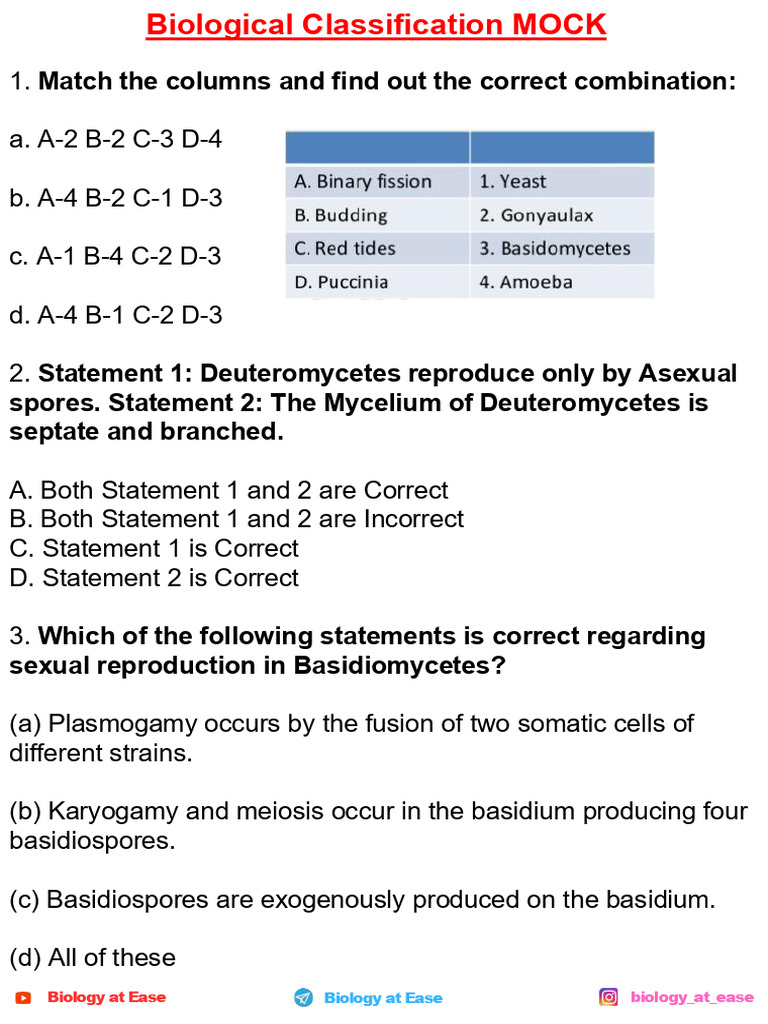 Biological Classification MOCK | PDF | Fungus | Bacteria