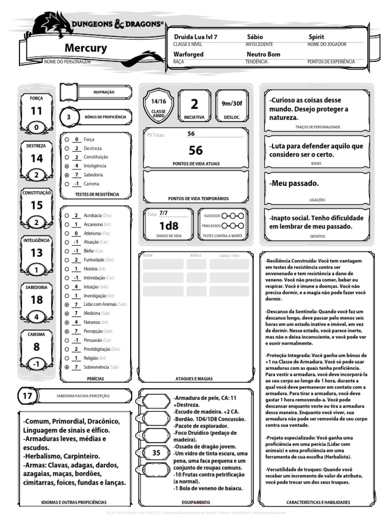 Mercury Ficha Modificada DND 17 | PDF | Sabedoria
