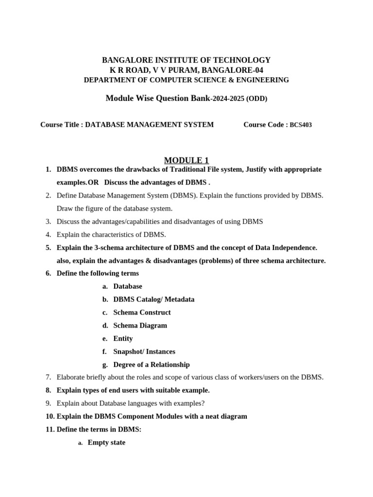 DBMS Module Wise Questions Module1&3 | PDF | Databases | Conceptual Model