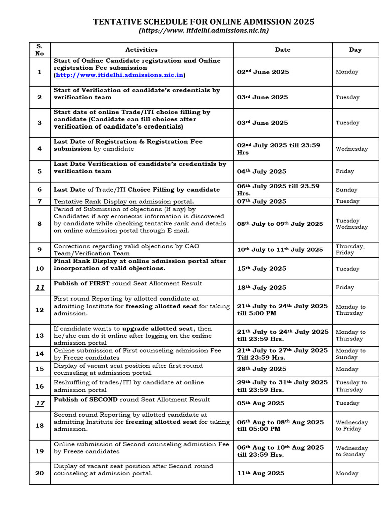 ITI Delhi Admission Schedule 2025 | PDF
