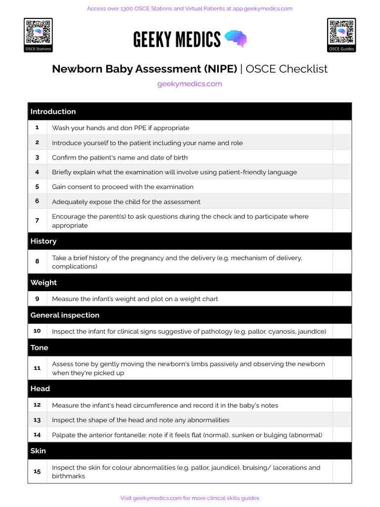 Newborn Baby Assessment NIPE OSCE Checklist Geeky Medics | PDF ...