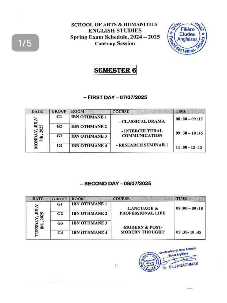 Exam Schedule Catch Up Spring Term 4 | PDF