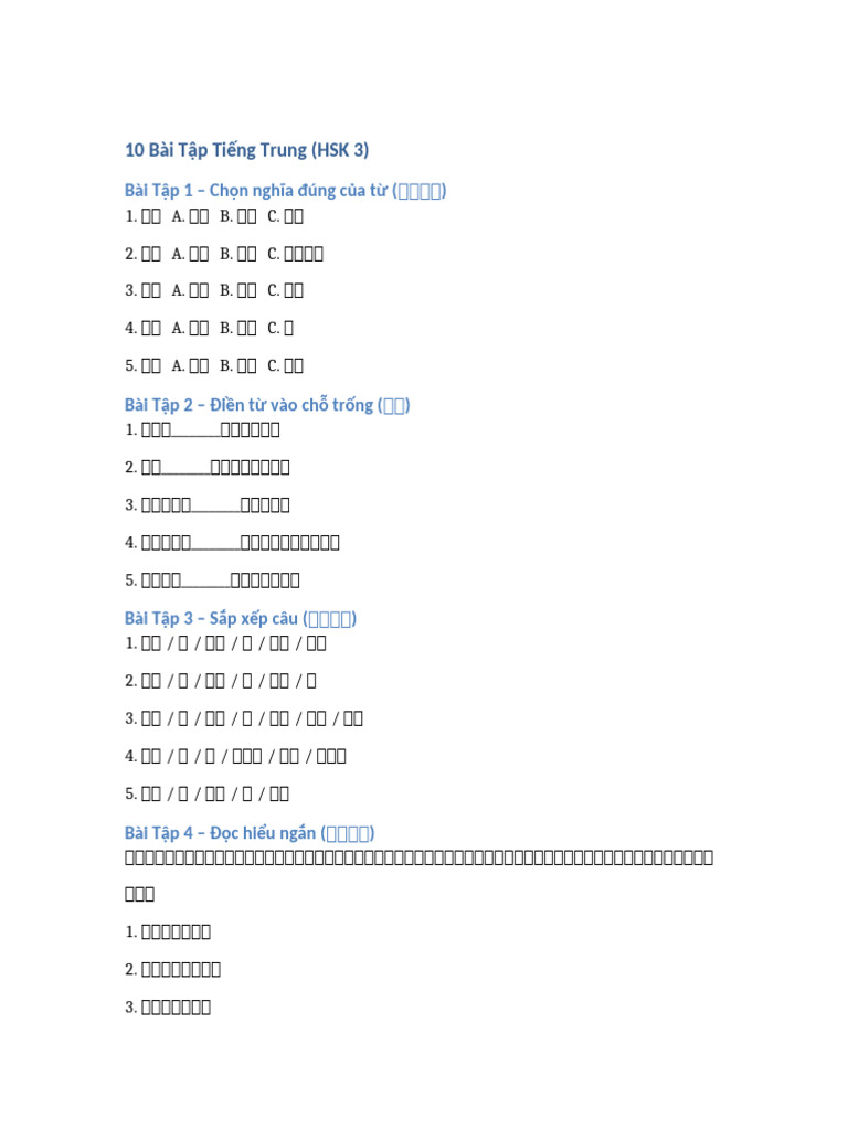 10 Bai Tap Tieng Trung HSK3 | PDF