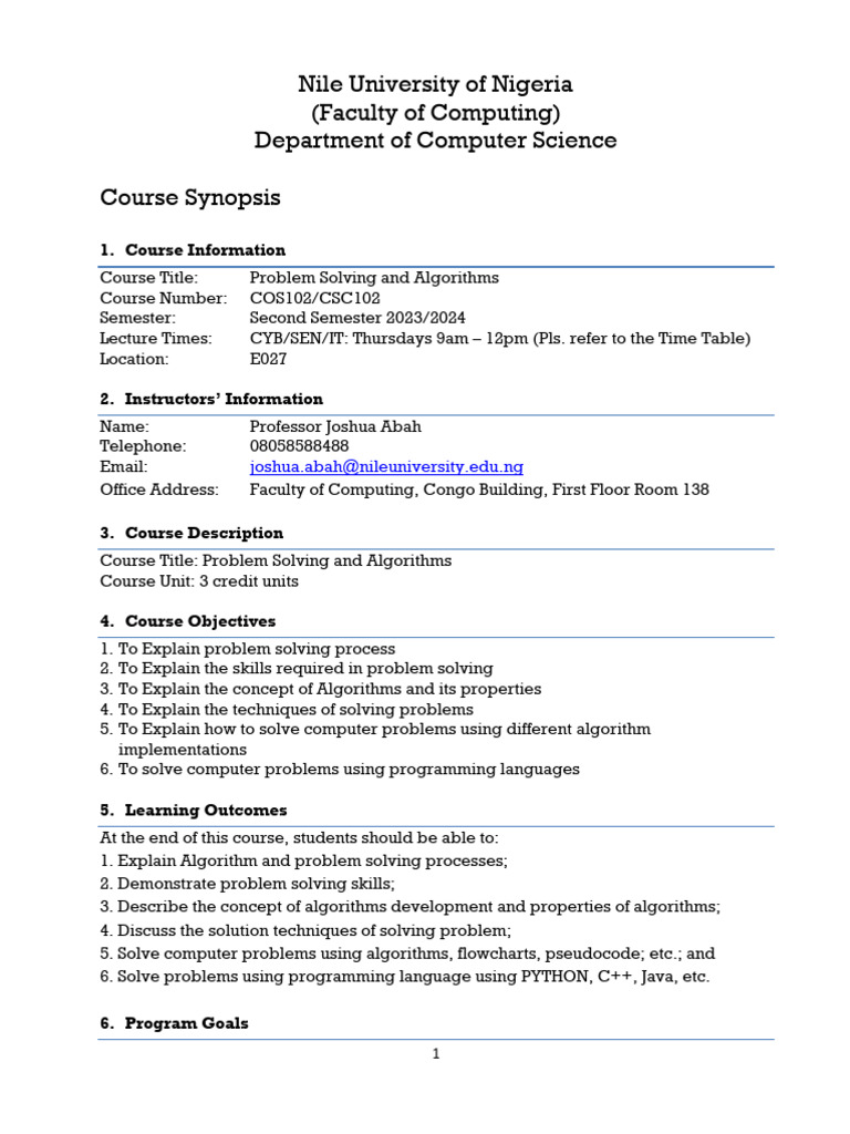 Cos 102 Problem Solving And Algorithm Course Synopsis Pdf Algorithms Cognition