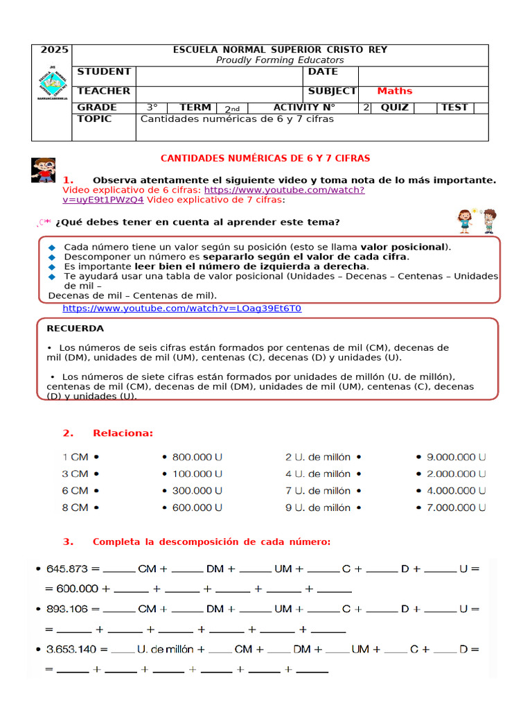 Números de 6 y 7 cifras: Actividades educativas | PDF
