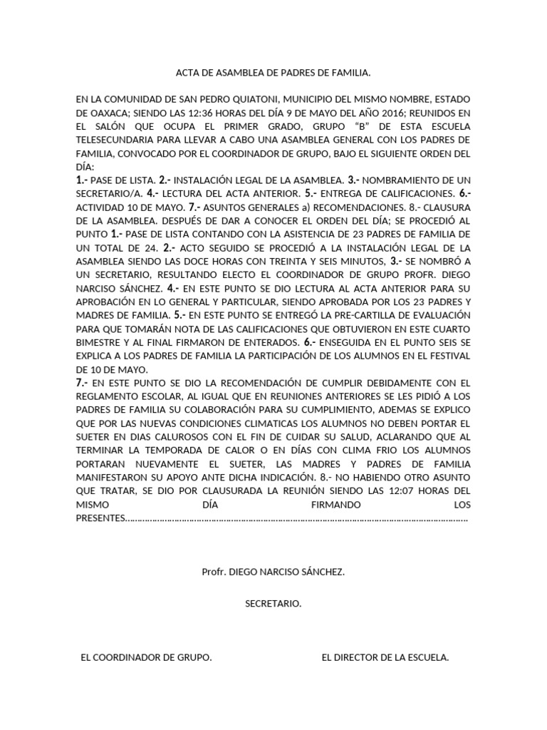 Acta de Asamblea Cuarto Bimestre | PDF