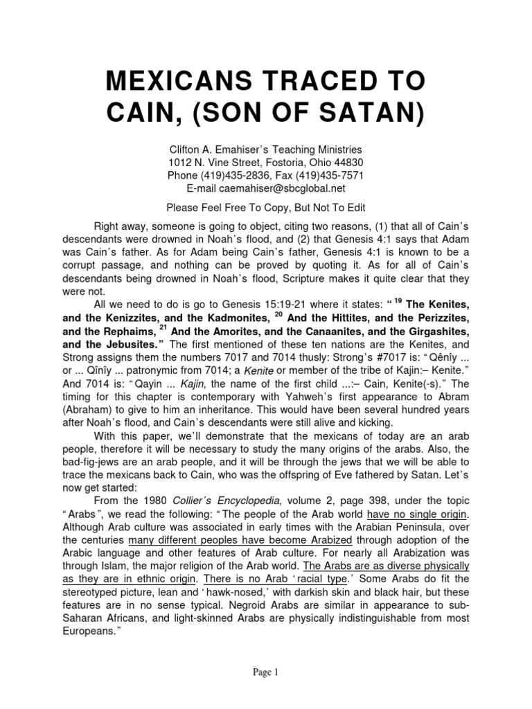 Mexicans Traced To Cain Son of Satan | PDF
