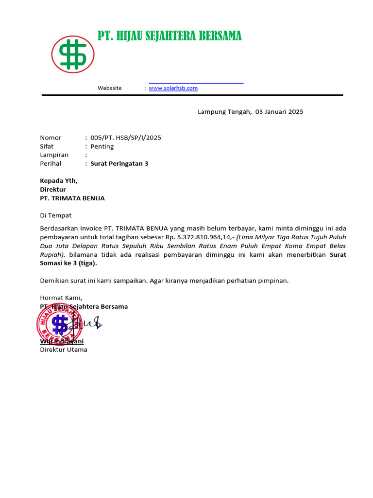 Surat Peringatan 3 Pt. Trimata Benua | PDF
