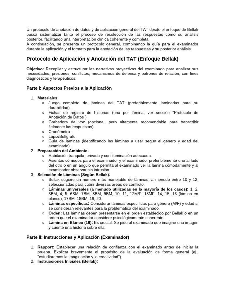 Protocolo de Aplicación y Anotación Del TAT (Enfoque Bellak) | PDF | Psicoterapia | Terapia de ...