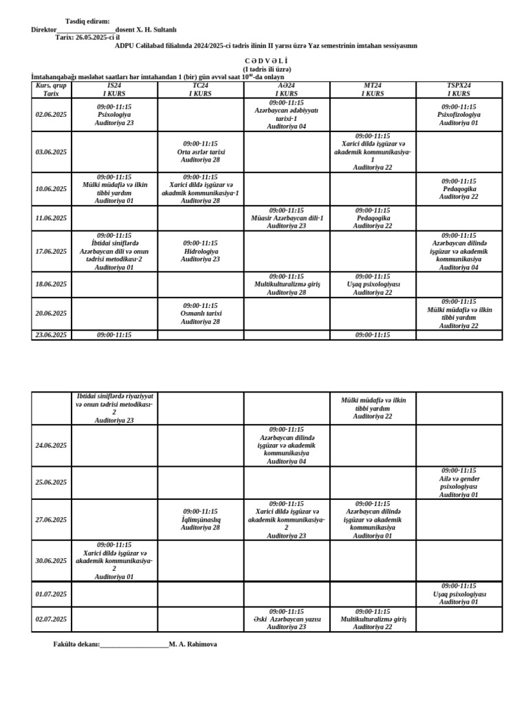 İMTAHAN CEDVELİ 2024-2025 II Yarımil | PDF