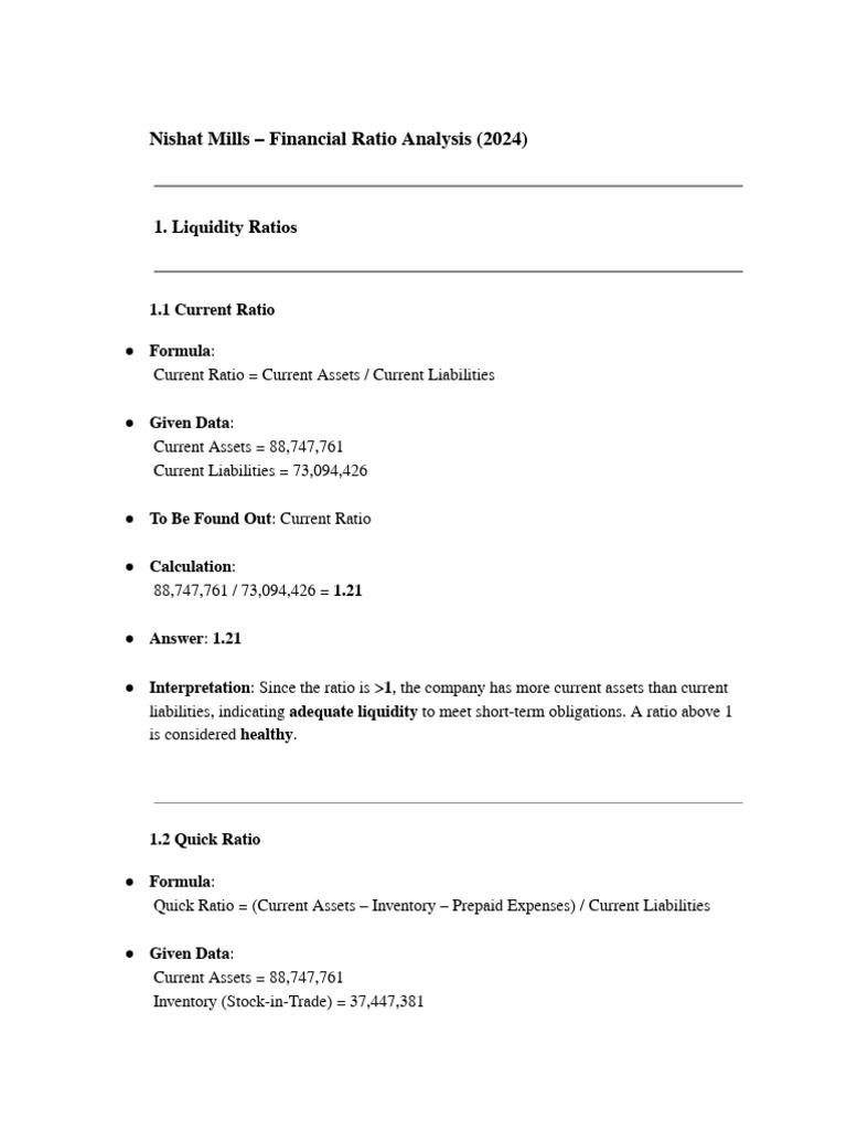 Nishat Mills - Financial Ratio Analysis (2024) | PDF | Working Capital | Revenue