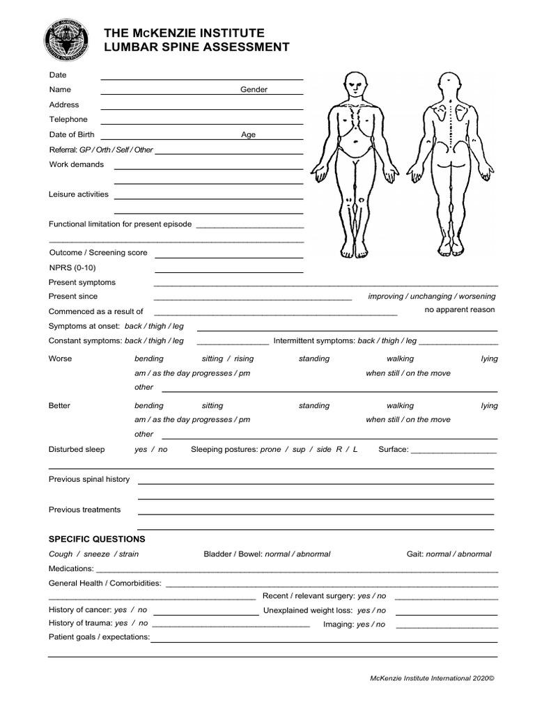 McKenzie Lumbar Spine Assessment Form | PDF | Diseases And Disorders ...