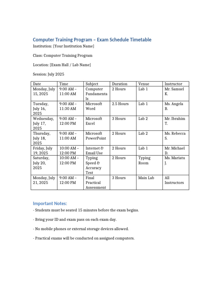 Computer Training Exam Timetable | PDF