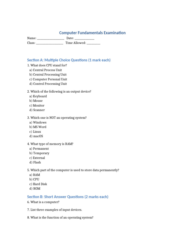 Computer Fundamentals Exam Questions | PDF