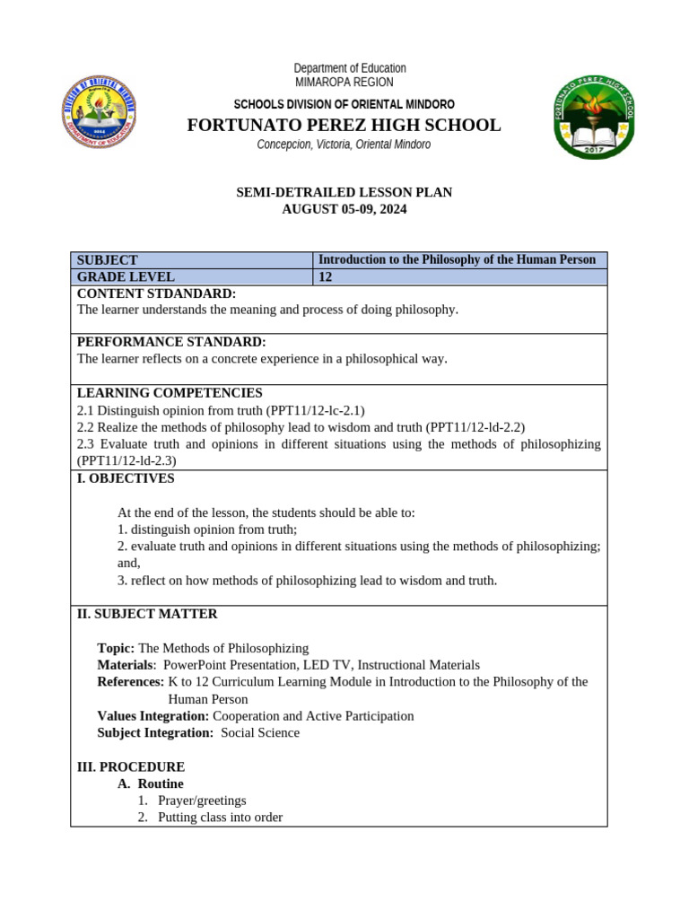 Philosophy Lesson Plan Week 1 | PDF | Argument | Lesson Plan